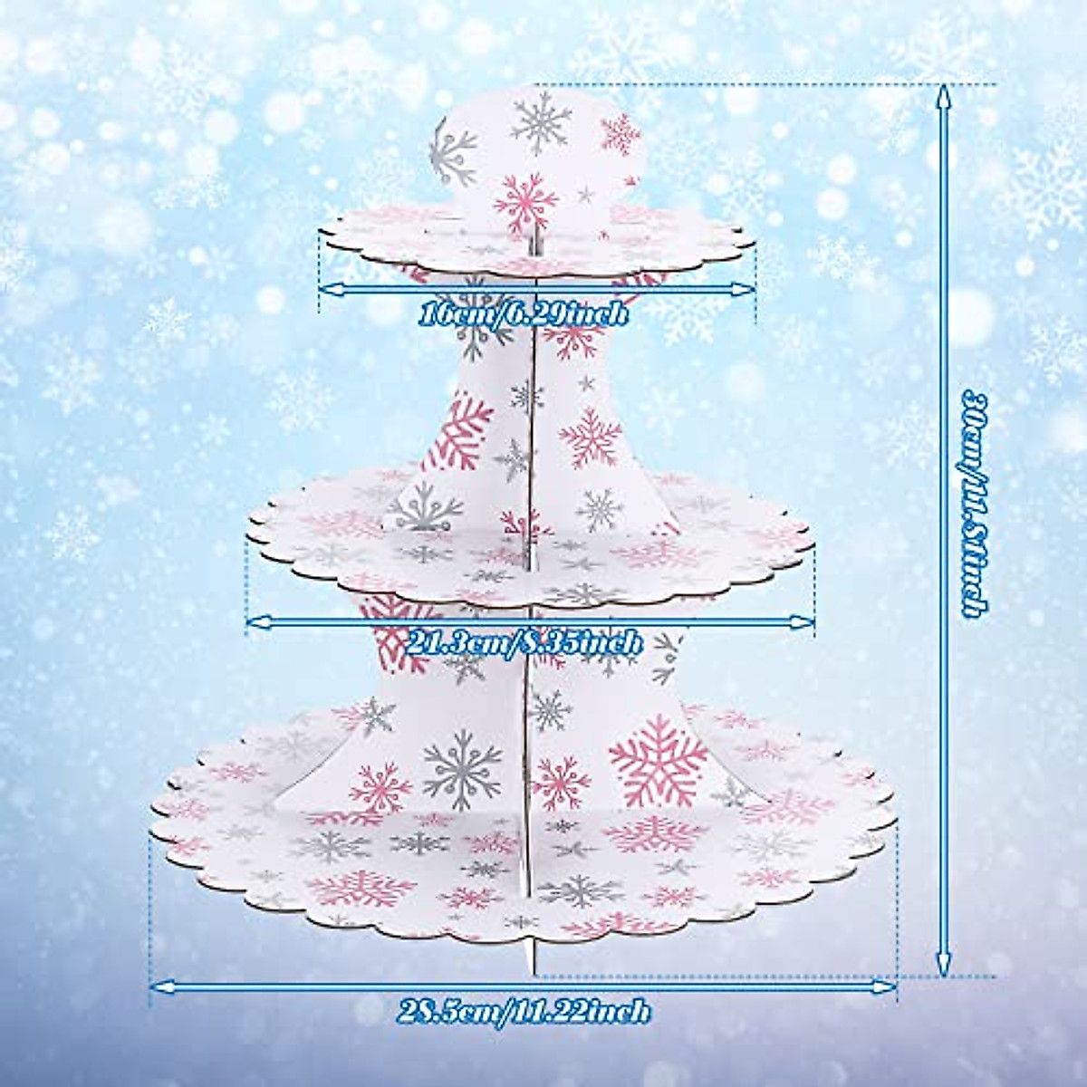Vesici 2 Set of 3 Tier Pink Snowflake Party Cupcake Stand It's Cold Outside Baby Shower Tier Cardboard Cupcake Tray for Girls Birthday Gender Reveal Wedding Winter Party Supplies