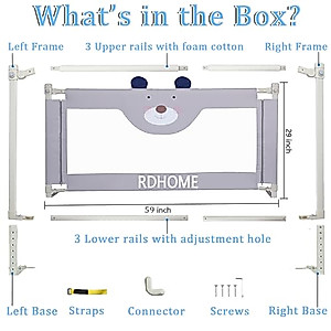 RDHOME 59" Bed Rails for Toddlers Safety Baby Bed Guard, Vertical Lifting Bed Guardrail for Kids, Collapsible Double Lock Bedrail Fits Queen Size Bed (1 Piece)