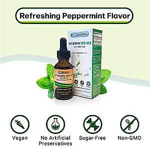 Vitamin D3 + K2 (MK-7) Liquid Drops with MCT Oil, Peppermint Flavor, Helps Support Strong Bones and Healthy Heart, 1 fl. oz.