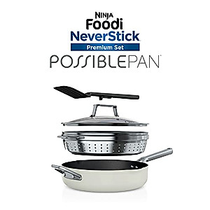Ninja CW102WH Foodi NeverStick PossiblePan, Premium Set with 4-Quart Capacity Pan, Steamer/Strainer Basket, Glass Lid & Integrated Spatula, Nonstick, Durable & Oven Safe to 500°F, Vanilla Bean