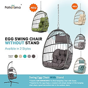 Patiorama Indoor Outdoor Egg Swing Chair with Stand, Patio Grey Wicker Rattan Hanging Chair with Rope Back, Cushion,Cover,All Weather Foldable Hammock Chair for Bedroom, Porch, Garden (Dark Grey)