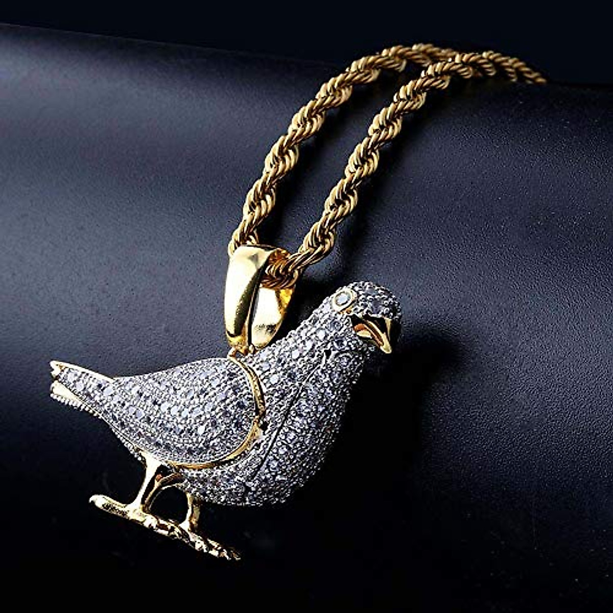 JAJAFOOK Hiphop 14k Gold Plated Iced Out CZ Pigeon Pendant Bling Necklace with 23.6" Rope Chain