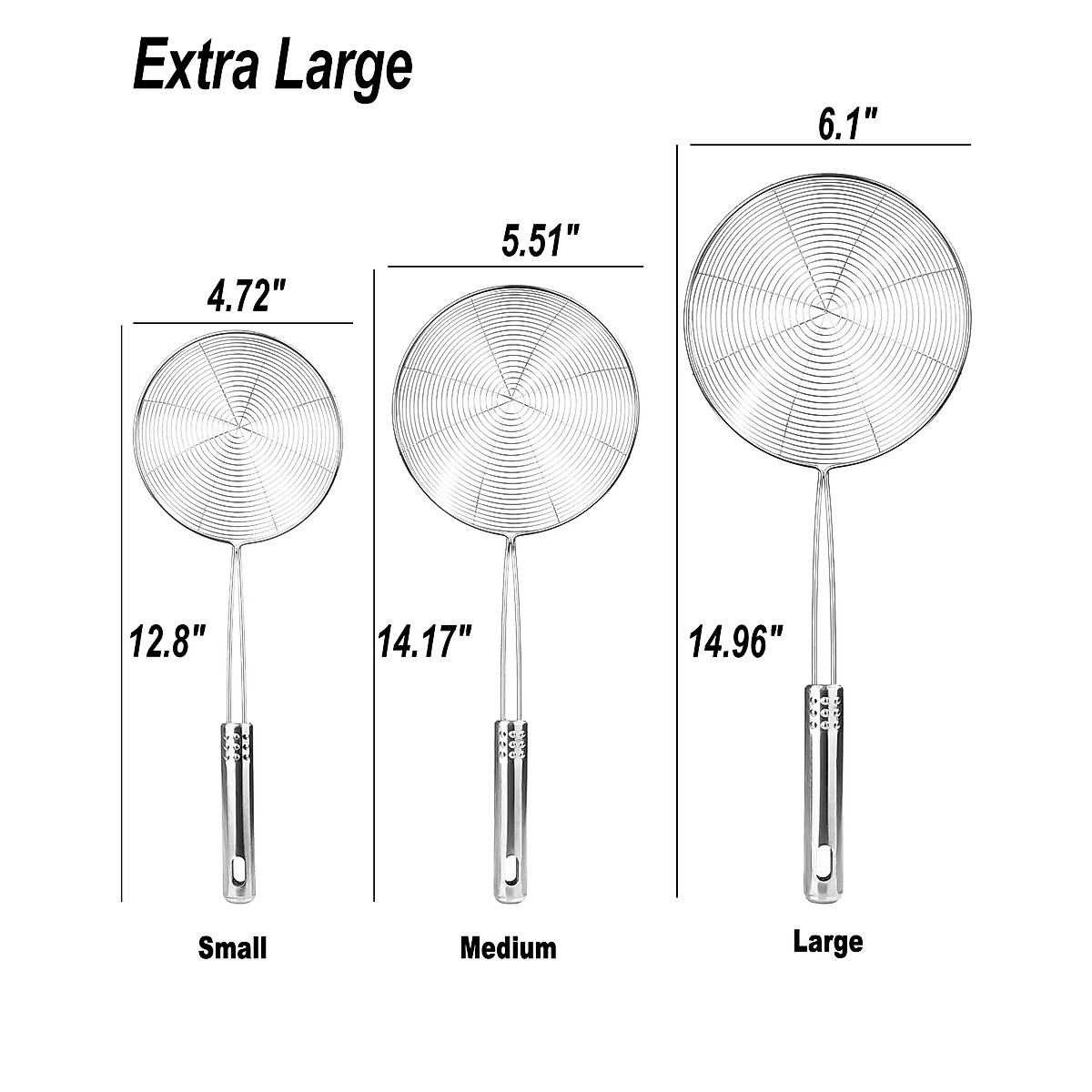 Enhanced Version Stainless Steel Spider Strainer Skimmer Ladle, Set of 3 Sizes Kitchen Strainer Spoon for Cooking and Frying, Pasta Strainer, Food Preparation-32.5cm, 36cm, 38cm