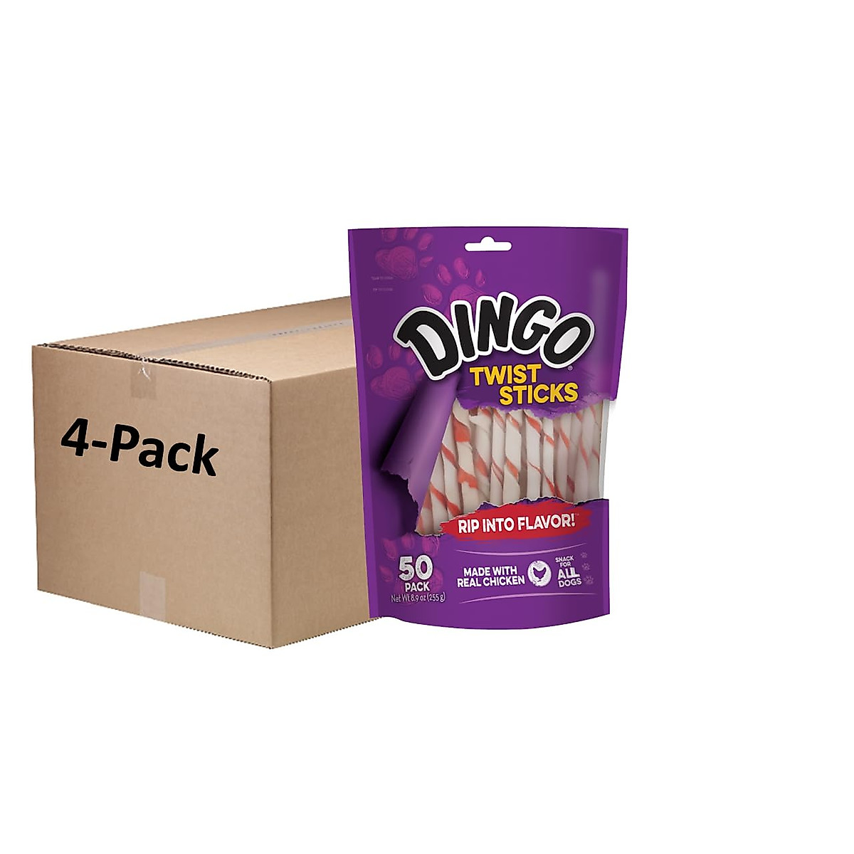 Dingo Twist Sticks 200 Count, Rawhide for Dogs, Made with Real Chicken (4 Packs of 50 Count)