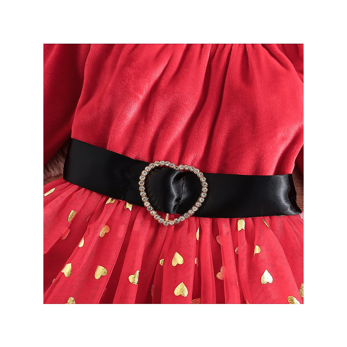 Spring hue Infant Toddler Girls Valentines Day Dress Outfit Love Heart Printed Velvet Long Sleeve Belted Tulle Dress A red 18-24 Months