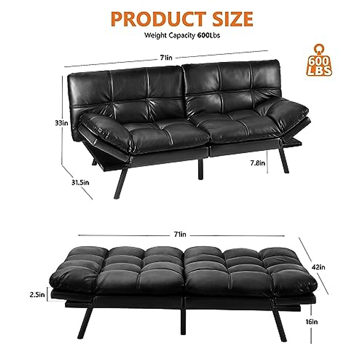 Sweetcrispy Futon Sofa Bed - Sleeper Convertible Futon Couch, Memory Foam Couch Convertible Loveseat for Living Room, Leather, Black