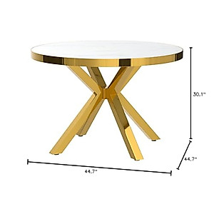 AUZ Round Dining Table, 45 inch White and Gold Table with Gorgeous Polished Stainless Steel Circle Trim and Cross Legs