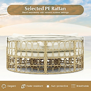 Tangkula Outdoor Patio Round Daybed with Retractable Canopy, Patiojoy PE Rattan Wicker Sectional Seating Furniture with Soft Cushions, for Patio, Garden, Backyard and Poolside (Off White)