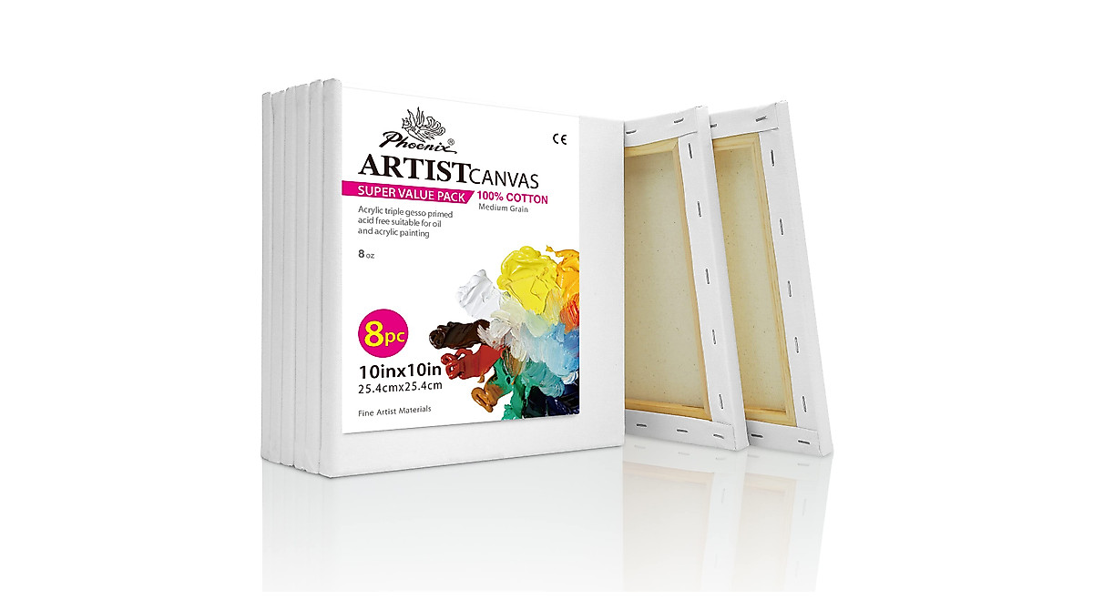 Phoenix 10x10 Inch Canvas Pack for Painting - 8 Premium Stretched Canvases