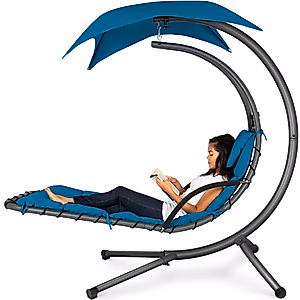 Best Choice Products Outdoor Hanging Curved Steel Chaise Lounge Chair Swing w/Built-in Pillow and Removable Canopy - Peacock Blue