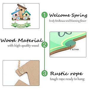 TOARTi Colorful Welcome Spring Front Door Sign Hanging(13.6"x11.8"), Blooming Flowers Butterfly Birdhouse Wall Sign Plaque, Wooden Garden Fence Hanger for Home Porch Farmhouse Cafe