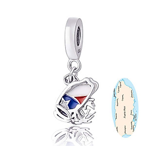 Puerto Rico Coqui Frog Dangle Charm - 925 Sterling Silver Red Blue White Enamel Country Flags Dangle Bead Charms, Fits Pandora Women Bracelet Necklace