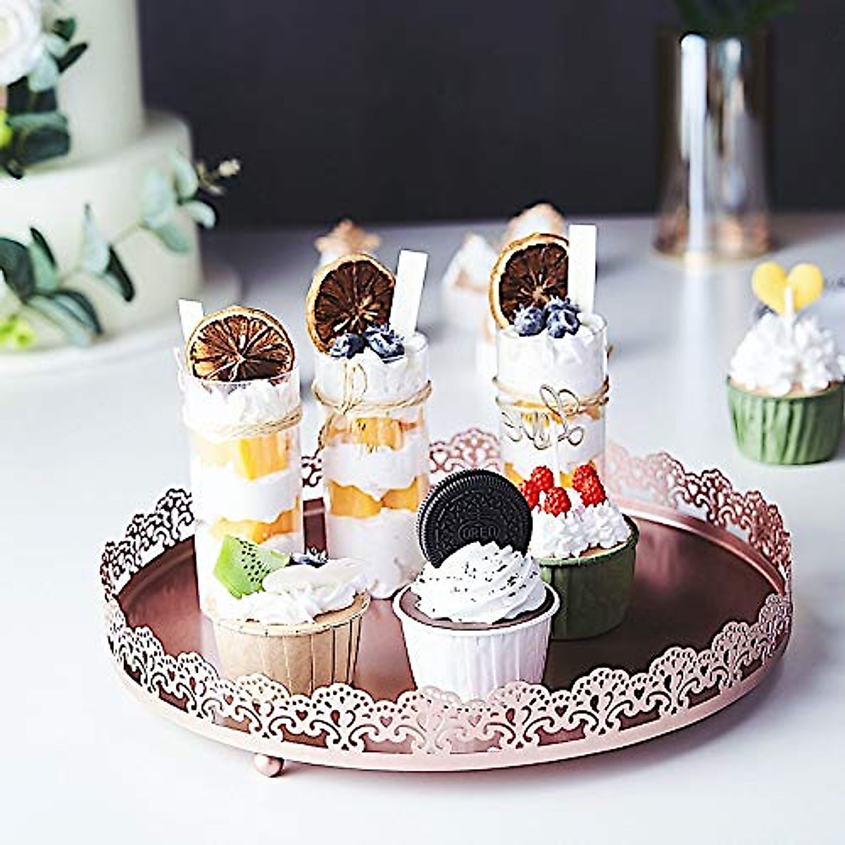 BalsaCircle 12-Inch Rose Gold Round Serving Trays Decorative Embossed Rim Dinner Wedding Reception Party Events Decorations Supplies