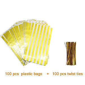 HOPEMT (200 pcs)100 pcs Gold Stripes Translucent Plastic Bags/Cellophane Bags with 100 pcs Gold Twist Ties for Cookie,Cake,Chocolate,Candy,Snack Wrapping Good for Bakery Party