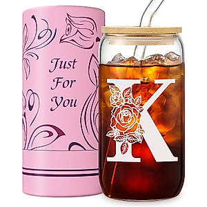 Monogrammed Gifts for Women, Personalized Gifts for Her Mom, Glass Cup with Bamboo Lids and Straws 16 oz, Iced Coffee Cup, Tea Cup, Cute Aesthetics custom Tumbler Cup, Mothers Day, Birthday Gifts - K