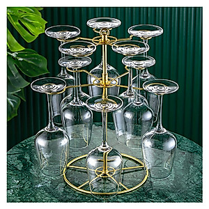 STXMY Hanging Wine Glass Rack, Gold Modern Metal Freestanding Countertop Stemware Holder with 10 Hooks, Air Drying System, for Cabinet Kitchen or Bar