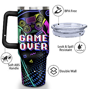 thmasamwr Game Tumbler with Lid and Straw, 40oz Gamer Water Bottle Cup with Handle, Gaming Travel Coffee Mugs, Birthday Gifts for Gamer Men Boys