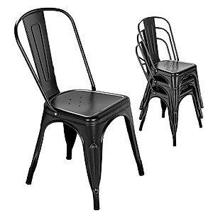 Nazhura Metal Dining Chair Farmhouse Tolix Style for Kitchen Dining Room Café Restaurant Bistro Patio, 18 Inch, Stackable, Waterproof Indoor/Outdoor (Sets of 4) (Black)