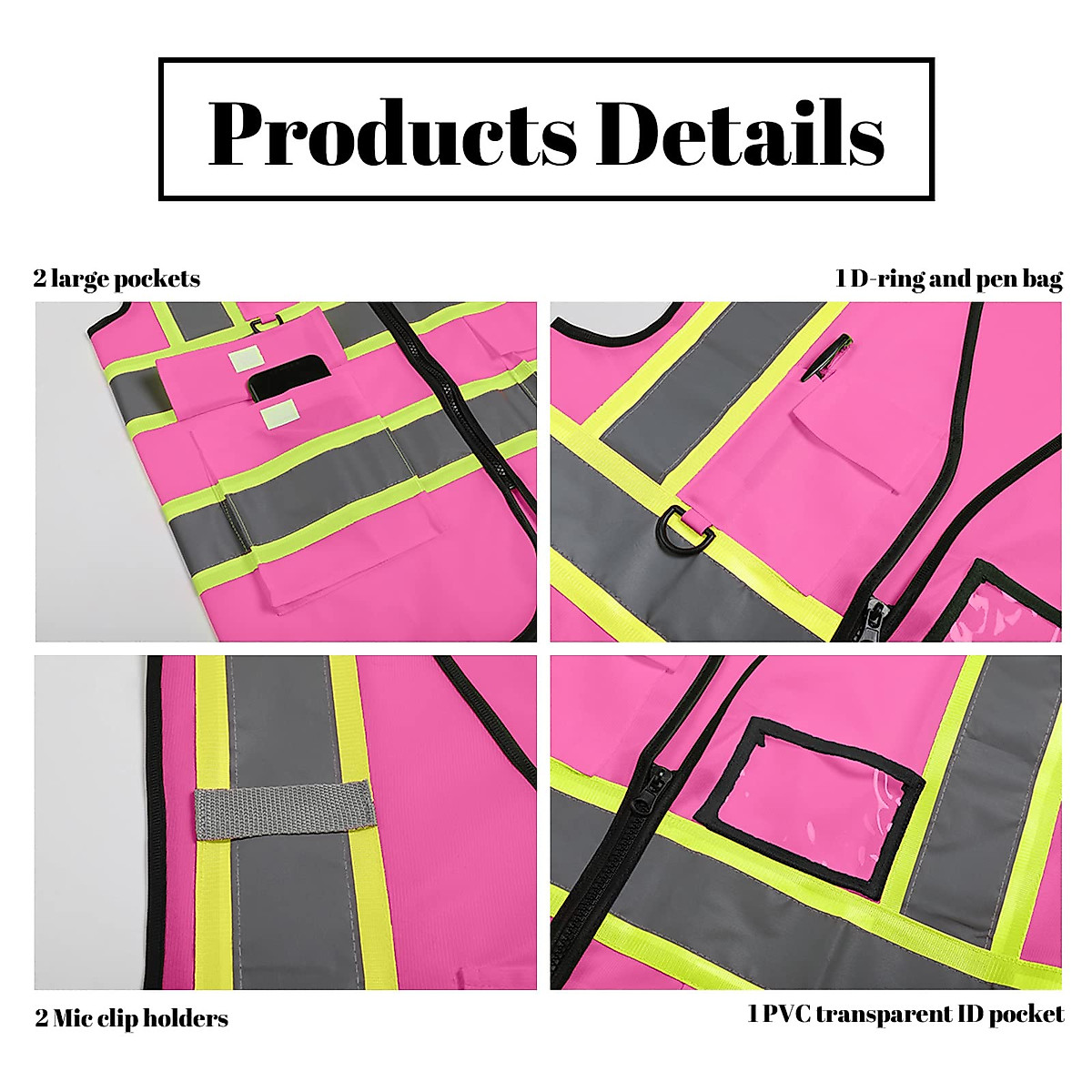 evershare Pink Safety Vest Reflective High Visibility with 5 Pockets and Zipper Class 2 for Men and Women Unisex Fluorescent Construction Security Volunteer Outdoor Traffic Workwear