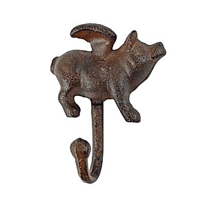 Flying Pig With Wings Wall Hook Cast Iron Key Towel Coat Hanger Rustic Brown 4 5/8 inches tall x 3 3/4 inches wide Handmade Wall Artisan Art Vintage Decor For Home