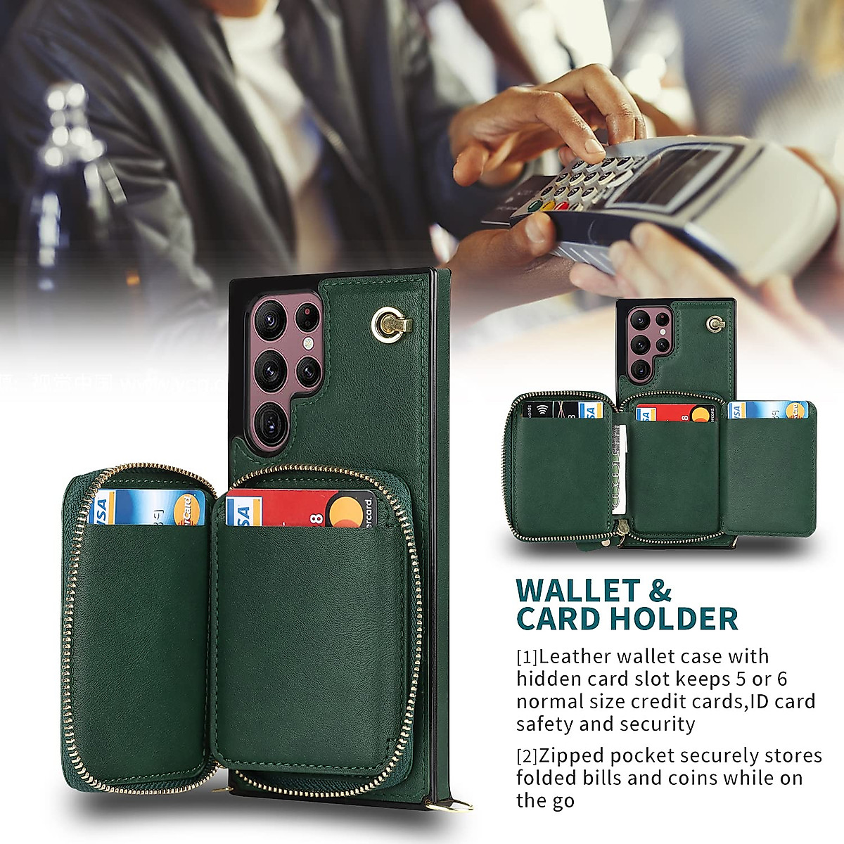 Galaxy S22 Ultra Case Wallet with Card Slot Holder, WARGUZU Crossbody Strap Luxury Leather Handbag Zipper Case for Women Girls Fullbody Shockproof Protective Purse Case for Samsung Galaxy S22 Ultra