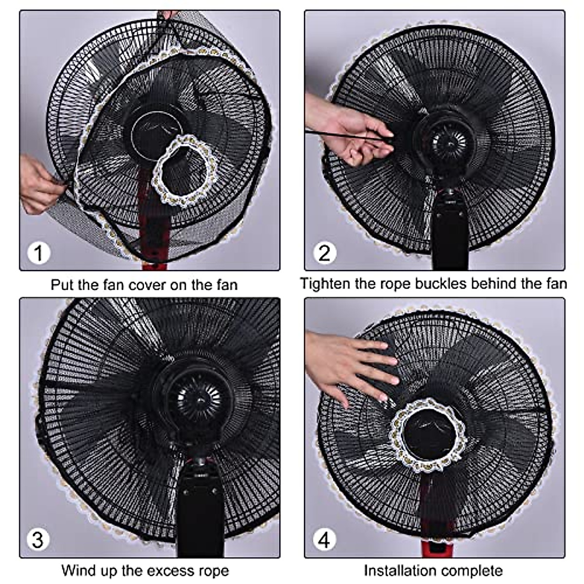 MECCANIXITY Electric Fan Dust Cover 16 Inch Lace Decor Washable Dustproof Guard Mesh Net for Protection, Black Pack of 3