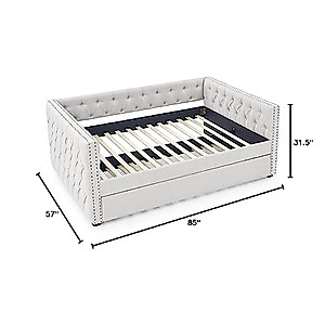 ODC Full Daybed with Twin Trundle Bed Upholstered Tufted Sofa Bed with Button and Copper Nail on Square Arms，Full Daybed & Twin Trundle