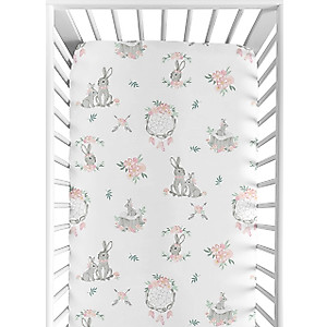Sweet Jojo Designs Blush Pink and Grey Woodland Boho Dream Catcher Arrow Girl Baby or Toddler Nursery Fitted Crib Sheet for Gray Bunny Floral Collection - Watercolor Rose Flower