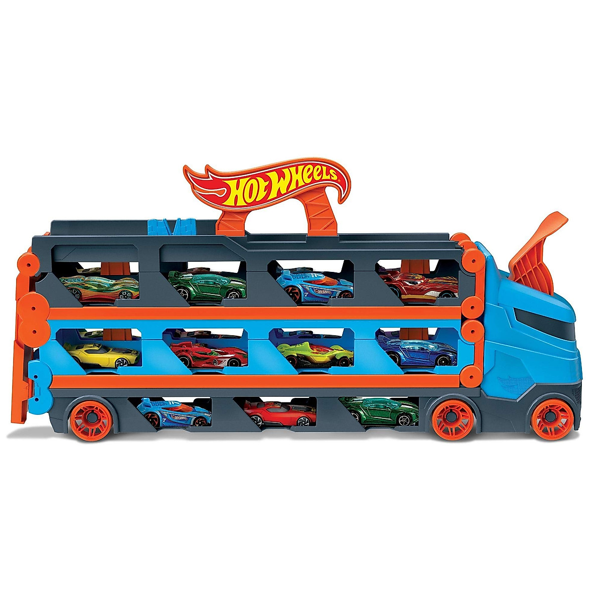 Hot Wheels Speedway Hauler Storage Carrier with 3 1:64 Scale Cars & Convertible 6-Foot Drag Race Track for Kids 4 to 8 Years Old, Stores 20+ Cars & Connects to Other City Sets, GVG37