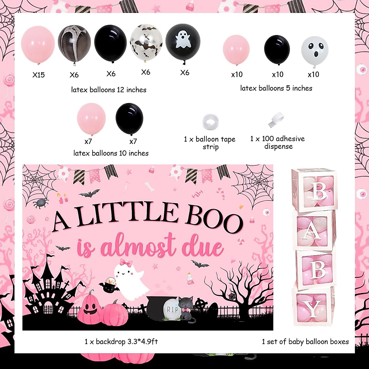 Halloween Baby Shower Decorations for Girl, A Little Boo is Almost Due Baby Shower Decorations, Halloween Balloon Garland with Baby Boxes for Pink Black Little Boo Party Decor