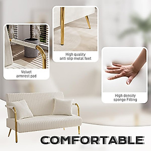 DAMAIFROM Modern Velvet Loveseat Sofa, Upholstered Velvet Couch, Mid Century 2 Seater Couch with Gold Metal Legs, Comfy Love Seat Small Couches for Living Room, Small Spaces (Beige White)