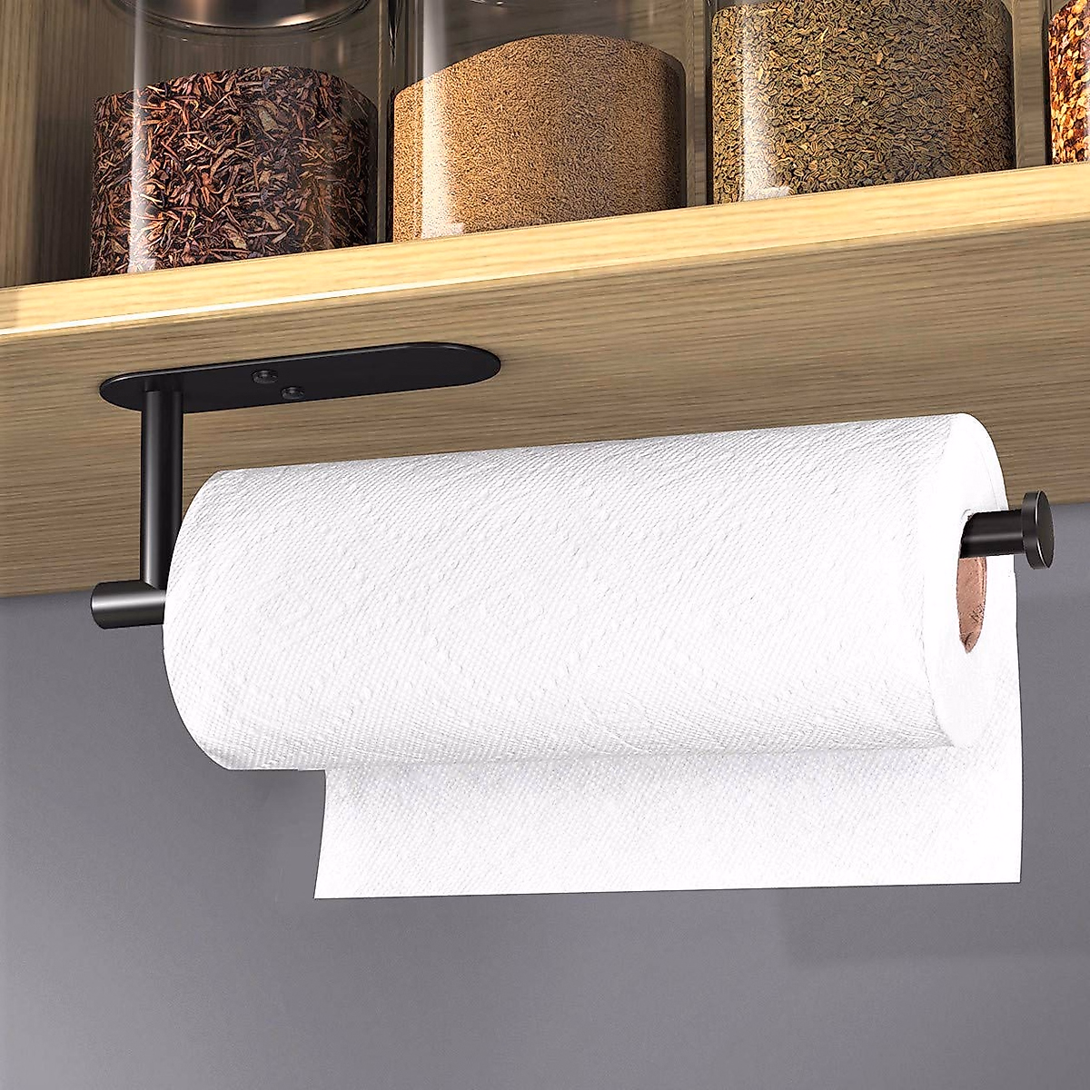 VAEHOLD Adhesive Paper Towel Holder Under Cabinet Wall Mount for Kitchen Paper Towel, Black Paper Towel Roll Holder Stick to Wall, SUS304 Stainless Steel