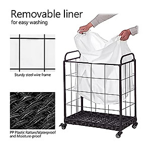 Laundry Hamper with Divided Liner Bag; Collapsible Laundry Basket with Rolling Lockable Wheels; Clothes Hamper with Metal Handle; Laundry Sorter with Removable Liner Bag (White)