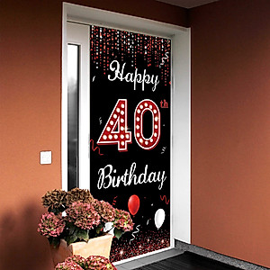 40th Birthday Door Banner Backdrop, Happy 40th Birthday Decorations for Women Red Black, 40 Years Birthday Photo Props, 40 Birthday Party Yard Sign Supplies for Outdoor Indoor Sturdy, Vicycaty