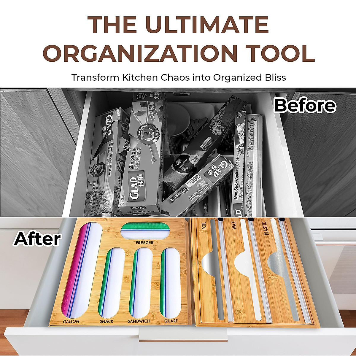 PANDAWOOD 8 IN 1 Storage Bag Organizer for Kitchen Drawer - Bamboo Plastic Bag Organizer - Foil Plastic Wrap Organizer Dispenser with Cutter - Baggie Organizer for Drawer - Sandwich Bag Organizer