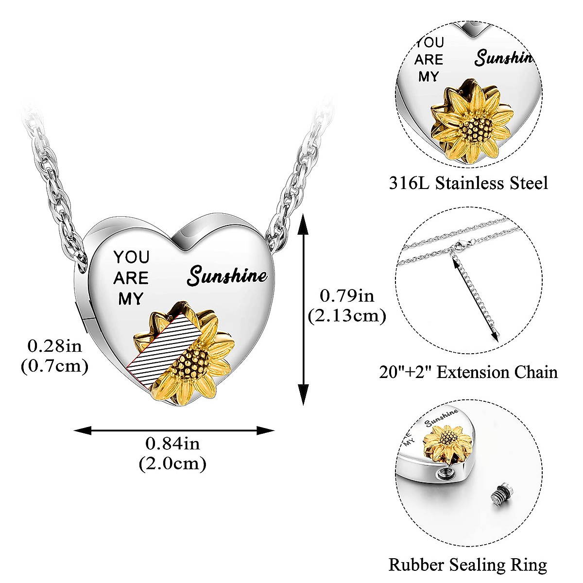 XIUDA Heart Ashes Necklace Urn Necklace with Sunflower You Are My Sunshine Cremation Necklace for Ashes Cremation Jewelry for Human Ashe Memorial Necklace with Flower