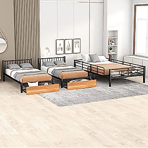 Metal Triple Bunk Bed Full Over Twin & Twin, Full Over Twin & Twin Bunk Bed with Storage Drawers, 3 Bunk Beds/Convertible Into 3 Beds, Metal Triple Bunk Beds for Kids,Teens, Girls(Black)