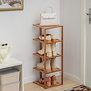 MoNiBloom 5 Tier Shoe Rack, Bamboo Narrow Single Pairs Shoe Storage Space Saving Ventilated Shoe Organizer for Small Spaces Corner Hallway Entryway, Brown