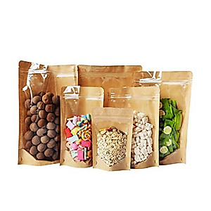 Couga Mall All-Purpose Kraft Paper Stand Up Bag, Zip Lock Reusable Kraft Package Bag Storage Pouch with Notch and Clear Front for Storing Seeds, Snack and Nuts – Brown – 50 PCS (4.7”7.8”(1220cm))