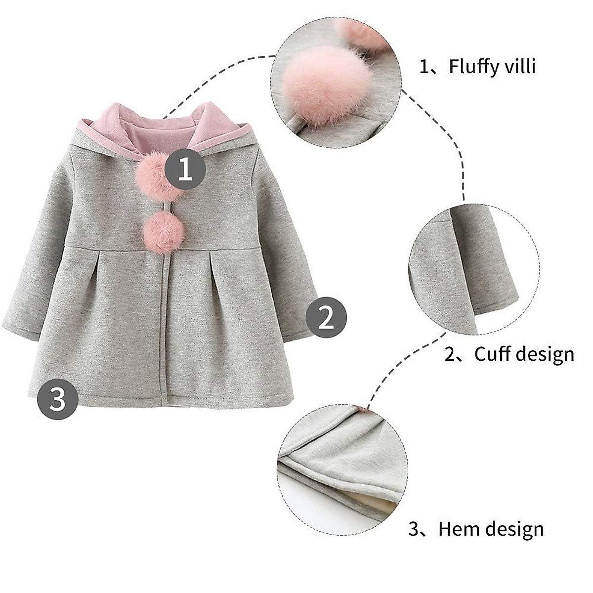 CoKate Infant Baby Girl Fall Winter Hooded Coat Sweet Rabbit Jackets Outerwear (Grey, 12-18 Months)