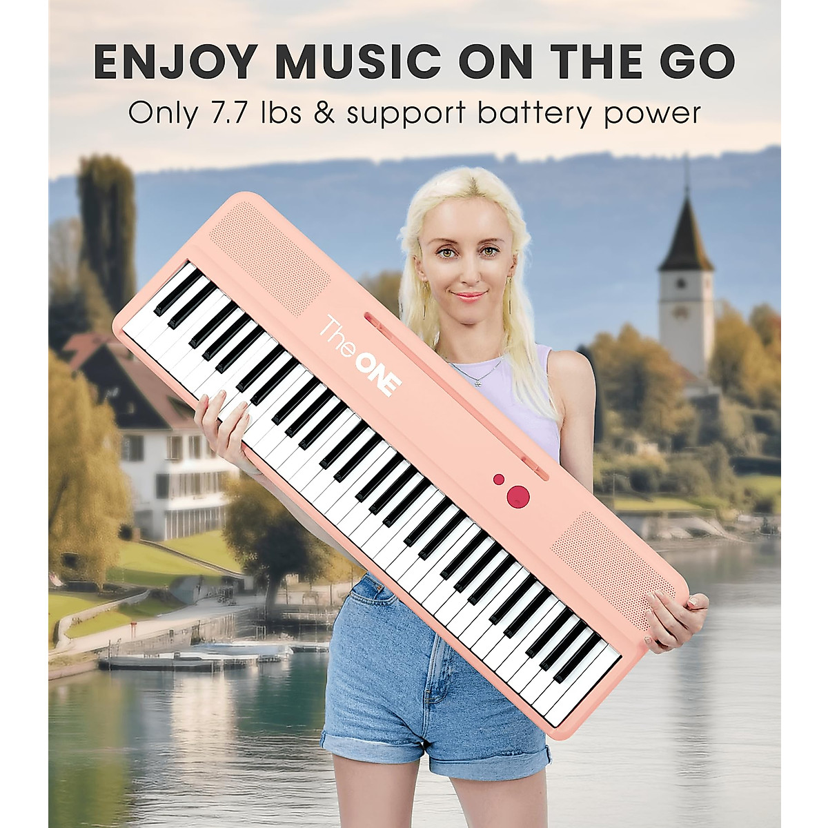 The ONE Smart Keyboard COLOR 61 Lighted Keys Piano Keyboard, Digital Piano for Beginners with 256 Tones, 64 Polyphony, Built-in LED Lights and Free Apps (Pink)