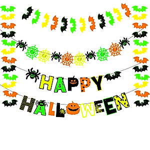 Halloween Party Decoration Garland, Fluorescence Happy Halloween Banner, Green Orange Bat Spider Web Garland Streamers Glow in the Dark Hallows Eve Favors, Halloween Bunting Banner Home Wall Decor