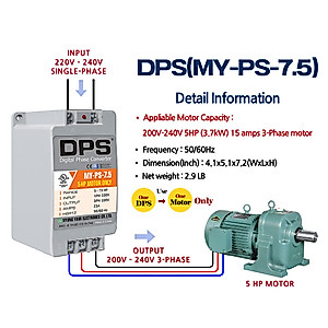 DPS Single-Phase to 3-Phase Converter, My-PS-7.5 Model Must Be Only Used on 5HP(3.7kW) 15 Amps 200-240V 3-Phase Motor, One Must Be Used on One Motor Only, Input/Output 200V-240V, Digital Type