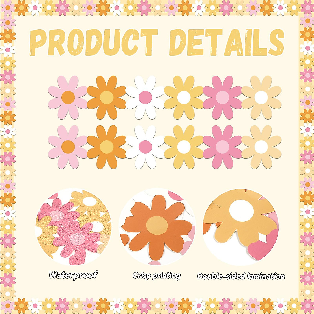 69Ft Boho Daisy Flower Paper Bulletin Board Borders Retro Groovy Classroom Decoration Hippie Border Trim Strips Back to School Classroom Decor for Nursery School Classroom Retro Groovy Party