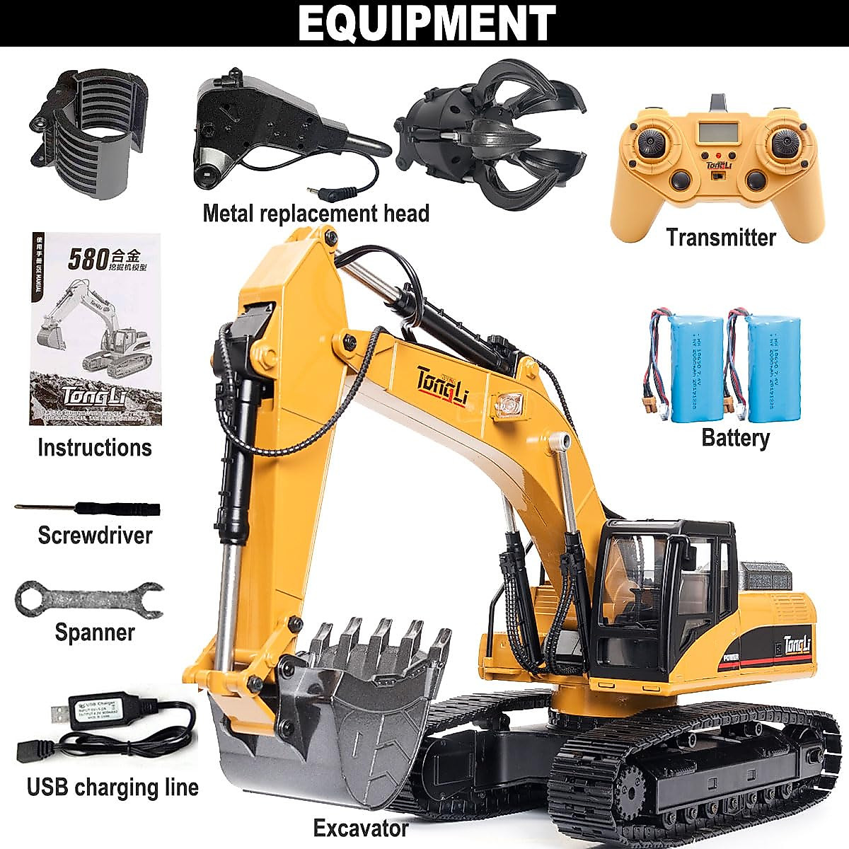 Huina RC Excavator for adults1580 Hobby Remote Control V4 Full Metal RC Excavator Adult huina 580 Construction Vehicle Professional Remote Control Tractor (Default)
