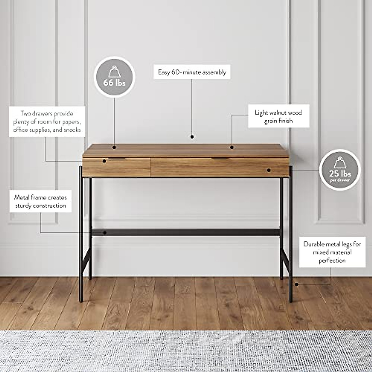 Nathan James Sophie Solid Computer Study Table for Home Office or Writing Desk with Drawers for Storage and Modern Metal Frame with Rustic Wood Top, Light Walnut/Black