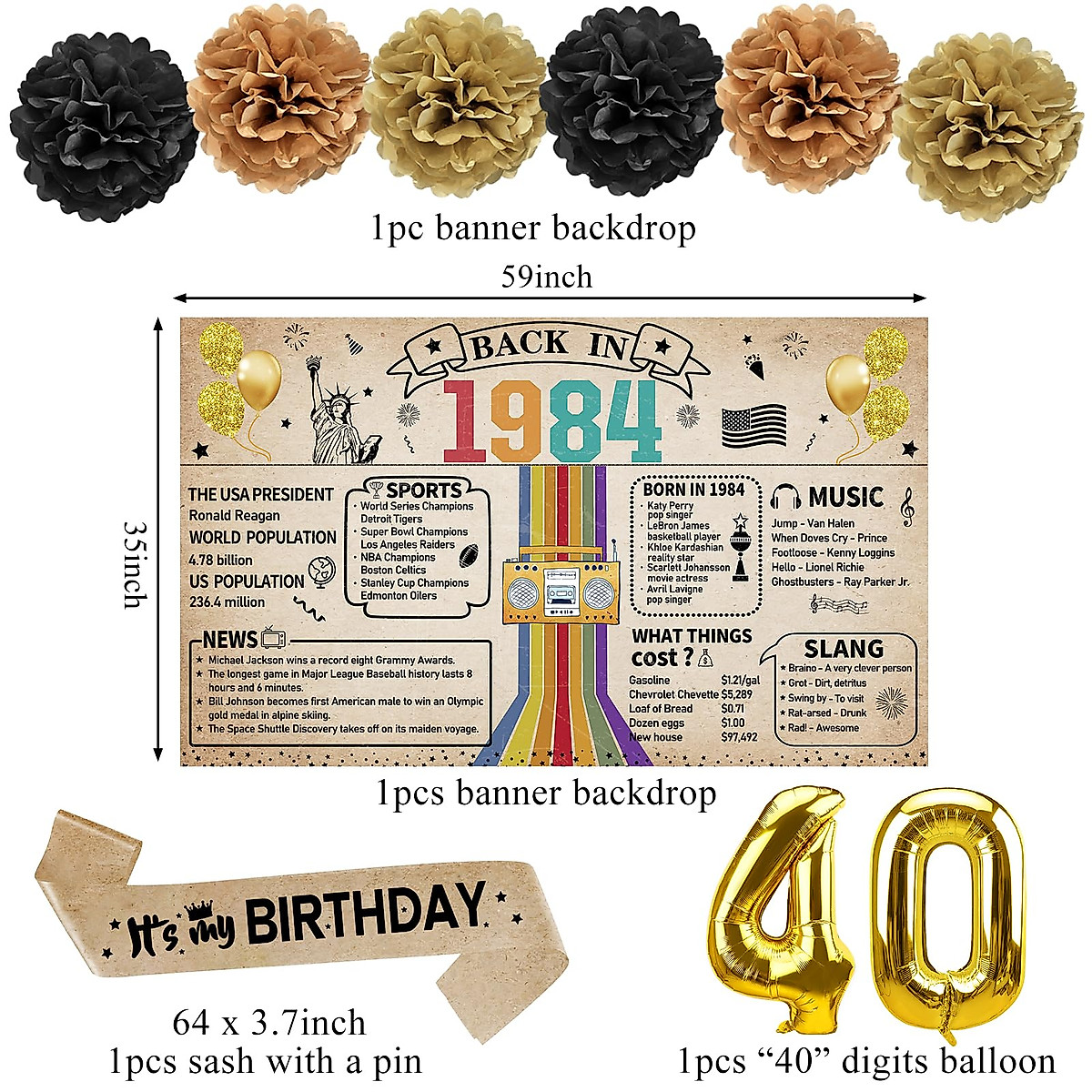 40th Birthday Decorations for Women, Yatufom 21Pcs Back in 1984 Birthday Party Supplies, Happy 40th Birthday Banner Forty Birthday Decorations