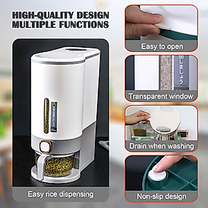 Darvii 23 Lbs Rice Dispenser - Grain Storage Container with Automatic Dispenser, Rectangular, Gray, 16.5 x 6.7 inches