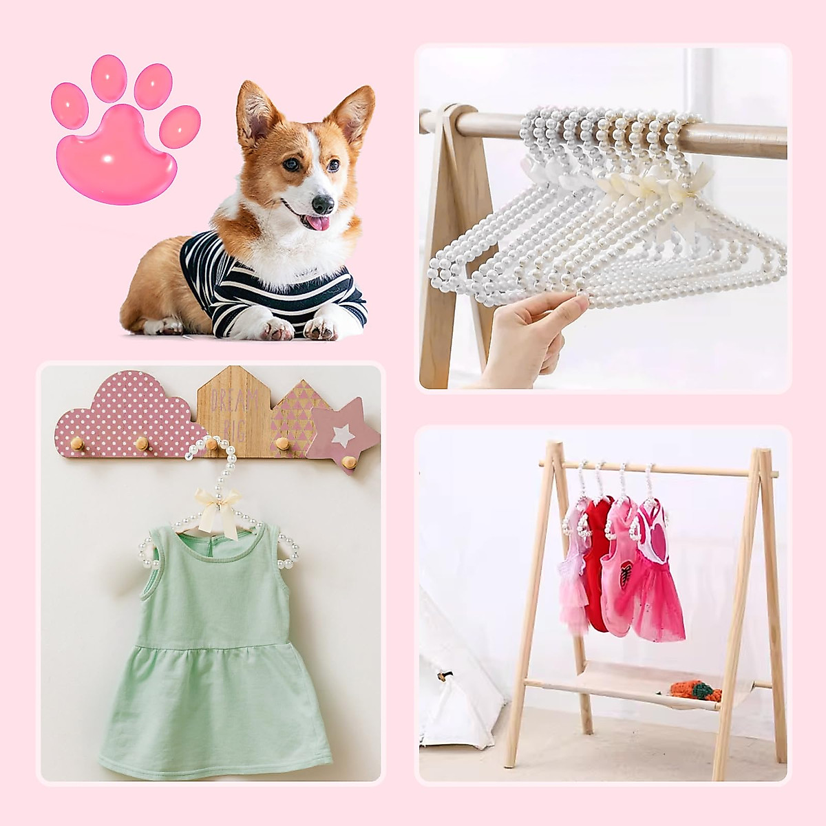 Suprwin Pearl Hangers for Pet Clothes, Mini Clothing Hangers with Exquisite Design, Organize Your Wardrobe, Reliable Material, Wide Usage for Infant Baby Girls Boys Toddlers Dogs Cats (10PCS-White)