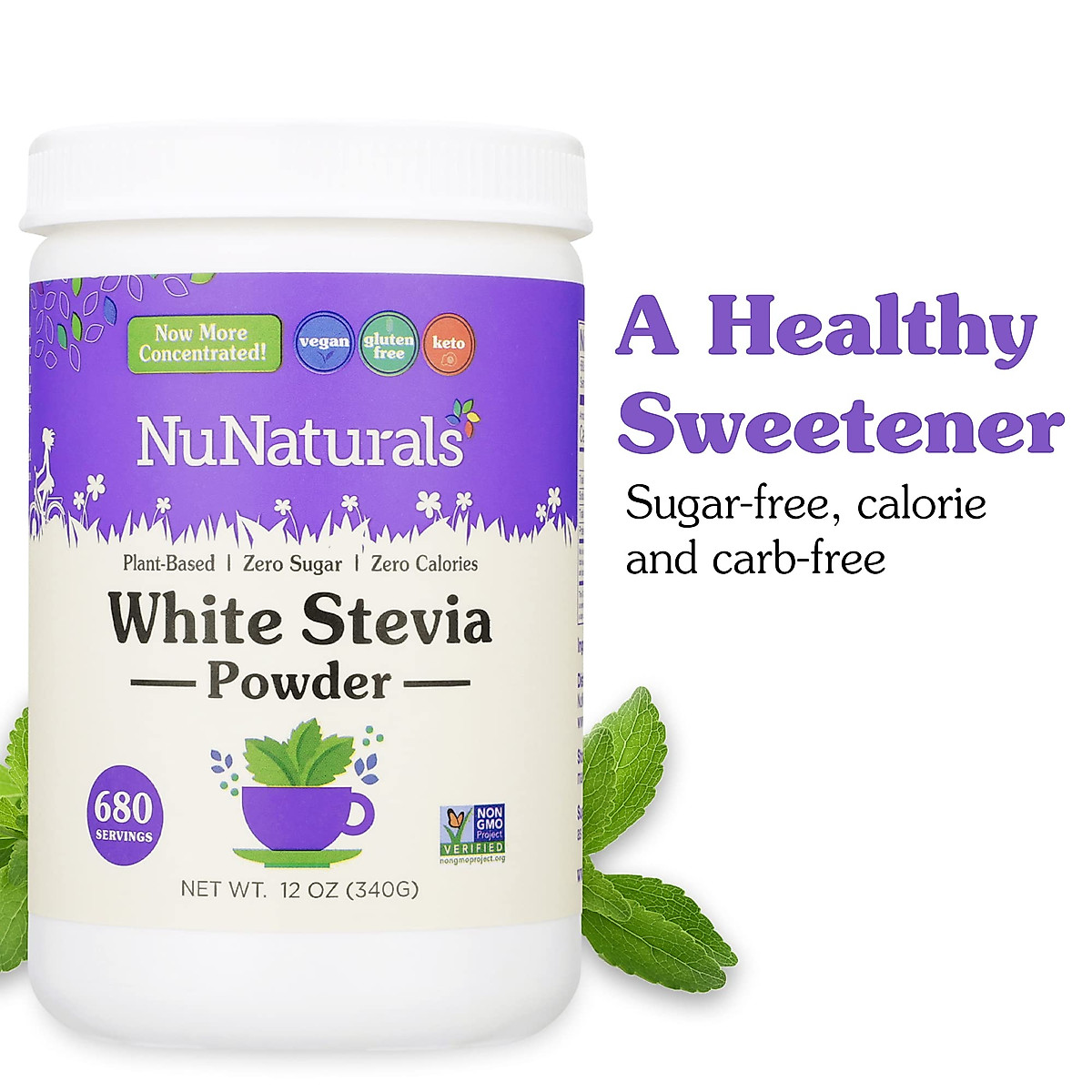 NuNaturals White Stevia Powder, Plant-Based Sugar Substitute, Zero Calorie Sweetener, 12 oz